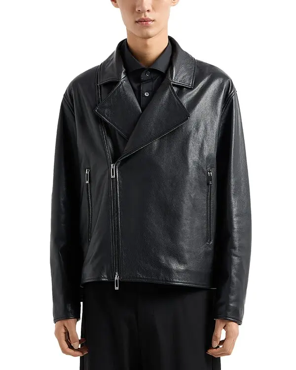 Emporio Armani Asymmetrical Leather Biker Jacket - Black Beauty